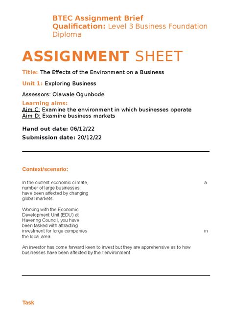 Assignment 2 Unit 1 Hgyfgyilghipy Btec Assignment Brief Qualification Level 3 Business