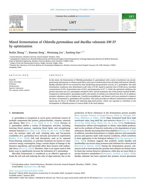 Pdf Mixed Fermentation Of Chlorella Pyrenoidosa And Bacillus Velezensis Sw 37 By Optimization