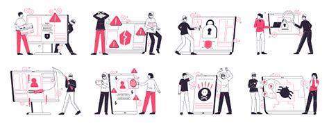 사이버 해커 공격 인터넷 사기 피싱에 대한 개요 온라인 사이버 범죄 컴퓨터 보안 개인 데이터 보호 플랫 벡터 일러스트 레이 션 세트 인터넷 사기 장면 개념에 대한 스톡 벡터