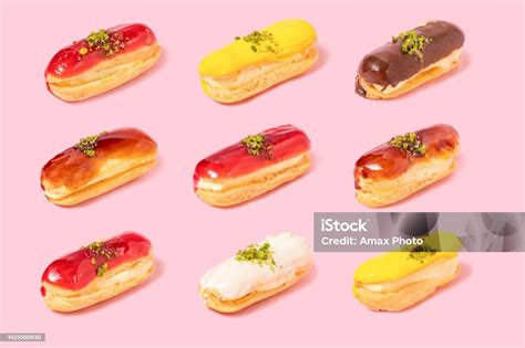 Pattern Of Assortment Of Eclairs With Different Topping On Pink