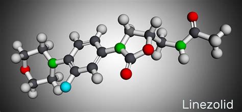 라인졸리드 분자 그것은 연쇄상 구균 황색포도상구균 Mrsa를 포함하여 감염의 처리를 위해 이용된 합성 항생제입니다 분자 모델 3d 렌더링 0명에 대한 스톡 벡터 아트 및