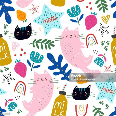 만화 분홍색 고양이와 함께 매끄러운 현대 유치한 패턴 별 고양이 무지개 딸기 하트 우유가 있는 매우 상세한 어린이 질감 벡터 그림 무지개에 대한 스톡 벡터 아트 및 기타