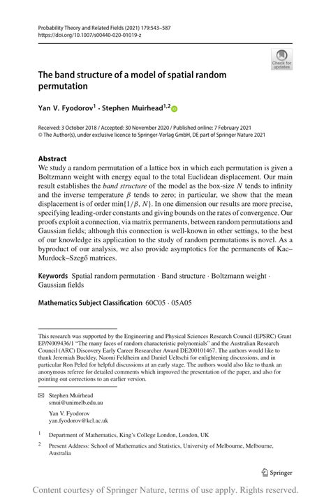 The Band Structure Of A Model Of Spatial Random Permutation