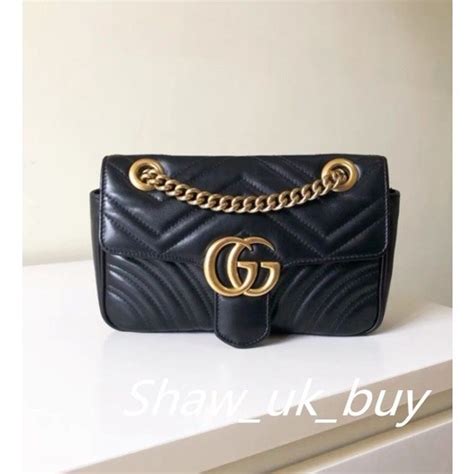 Gucci古馳 Marmont系列迷妳手袋22cm金鍊條包 牛皮 黑色 單背包斜挎包 446744 蝦皮購物