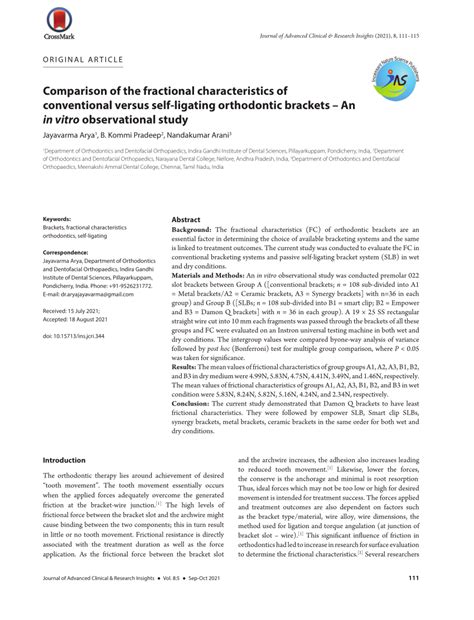 Pdf Comparison Of The Fractional Characteristics Of Conventional Versus Self Ligating