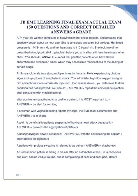 JB EMT LEARNING FINAL EXAM ACTUAL EXAM QUESTIONS AND CORRECT