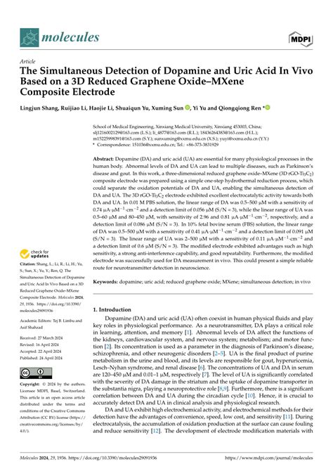 Pdf The Simultaneous Detection Of Dopamine And Uric Acid In Vivo Based On A 3d Reduced