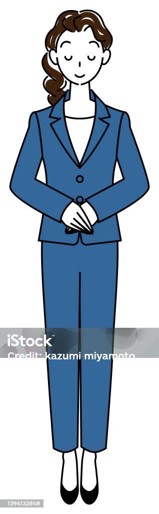 양복을 입은 예쁜 여자가 머리를 약간 숙이고 고개를 숙인 채 전장 서있는 모습 상단에 오른손으로 접힌 손의 그림 벡터 예의에 대한 스톡 벡터 아트 및 기타 이미지 Istock