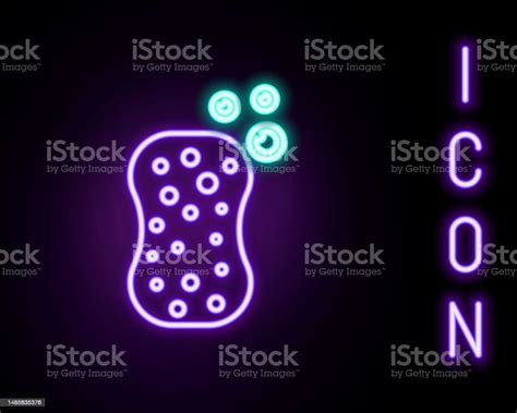 검은 색 배경에 고립 된 거품 아이콘빛나는 네온 라인 스폰지 설거지를 위한 바스트 위스트 청소 서비스 로고 다채로운 개요 개념 벡터 가사 집안일에 대한 스톡 벡터 아트 및