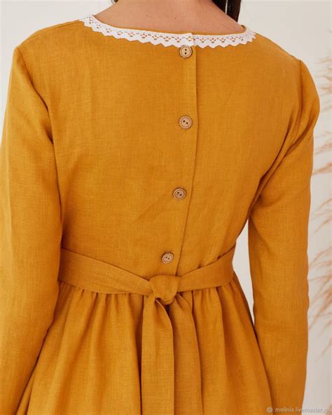 Платье льняное горчичного цвета с кружевом из хлопка купить в интернет магазине Ярмарка Мастеров