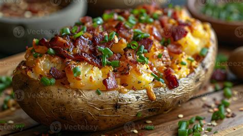 Ai Generated Loaded Baked Potato On A Wooden Table Close Up View