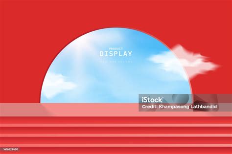 사실적인 빨간 받침대 연단 계단 사다리와 구름 푸른 하늘 반원 문 모양의 태양이 있는 추상적인 3d 배경 3d 벡터 기하학적 플랫폼 디자인 쇼 제품 화장품을 위한 무대 0