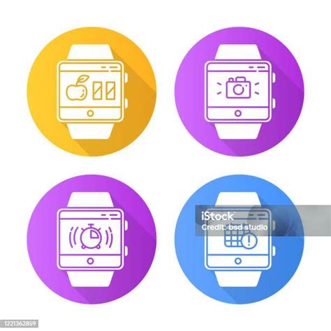 피트니스 트래커 기능 플랫 디자인 긴 그림자 문말 아이콘 세트 스마트 워치 웰빙 서비스 칼로리 카운터 일정 이벤트 캘린더 스톱워치 카메라 벡터 실루엣 일러스트레이션 0명에