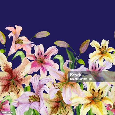 선명한 파란색 배경에 녹색 잎 아름 다운 백합 꽃 완벽 한 꽃 패턴입니다 수채화 그림입니다 손으로 그린 고 그린 그림 0명에 대한 스톡 벡터 아트 및 기타 이미지 Istock