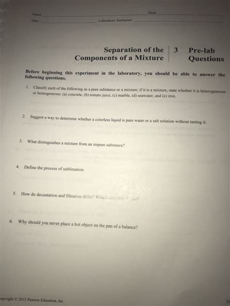 Solved Separation Of The 3 Pre Lab Questions Components O