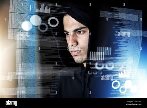 data analysis digital overlay and man hacker or programmer in night