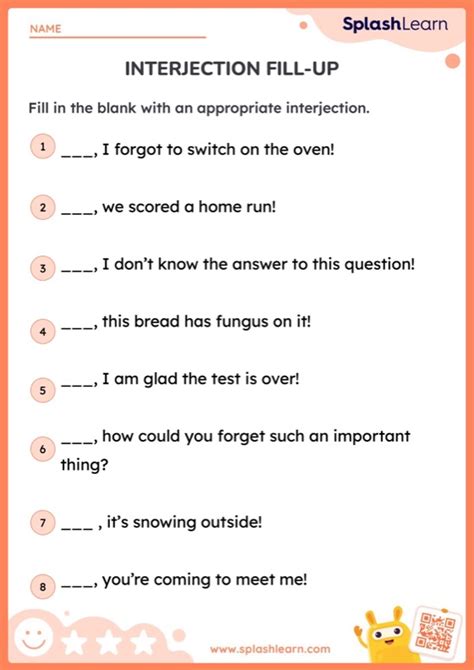 Interjection Fill Up Worksheet