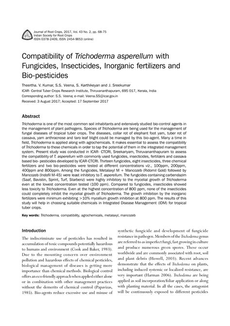 Pdf Compatibility Of Trichoderma Asperellum With Fungicides Insecticides Inorganic