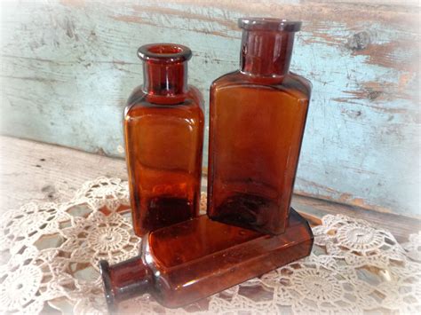 Lot Of 3 Antique Vintage Bottles Apothecary Bottles Amber Glass Bottles Brown Antique Price
