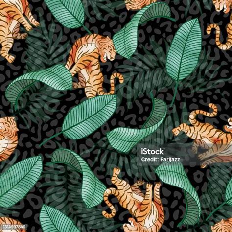 무디 정글 호랑이 수채화 원활한 패턴에 파라다이스잎의 새 호랑이에 대한 스톡 벡터 아트 및 기타 이미지 호랑이 수채화 일러스트레이션 Istock