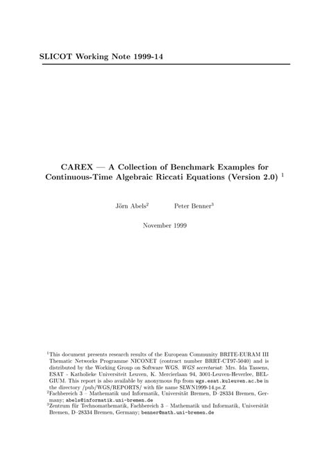 Pdf Carex A Collection Of Benchmark Examples For Continuous Time Algebraic Riccati Equations