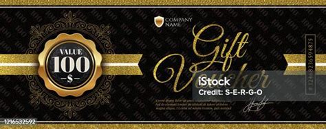 반짝이 골드 고급 요소와 선물 바우처 템플릿입니다 벡터 그림입니다 기프트 바우처 는 기요쉐 디자인 요소로 100 달러입니다 금 금속에 대한 스톡 벡터 아트 및 기타 이미지