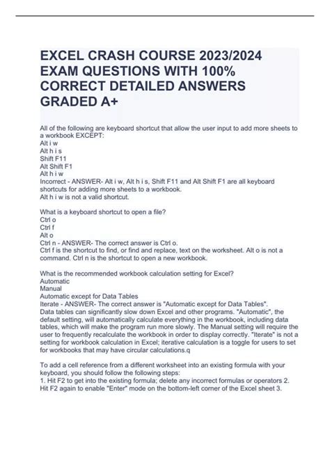 EXCEL CRASH COURSE EXAM QUESTIONS WITH CORRECT DETAILED ANSWERS GRADED A Excel