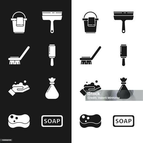 접착제 롤러 청소용 브러시 헝겊양동이 고무 클리너 창문 세탁 손 비누 쓰레기 봉투 바 스폰지 아이콘을 설정합니다 벡터 가방에 대한 스톡 벡터 아트 및 기타 이미지 Istock