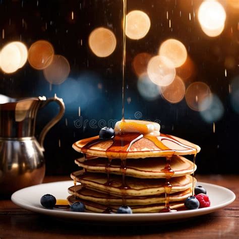 Pancake Flat Dessert Cake Bread For Breakfast Stacked With Syrup