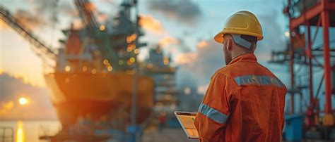 Premium Photo An Inspector Standing With A Tablet On The Harbour Dock Wearing Coveralls And A