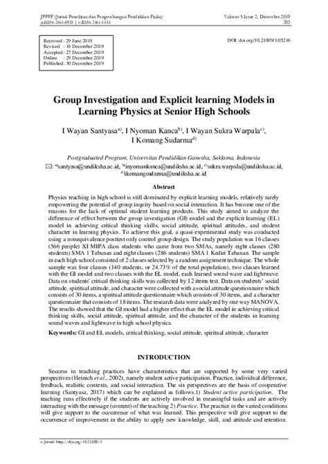 Pdf Group Investigation And Explicit Learning Models In Learning Physics At Senior High Schools