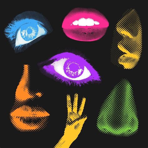 Yk 하프톤 다채로운 예술 콜라주 입술 코와 추상적인 모양의 눈 현대 포스터 장식 팝 프리미엄 벡터