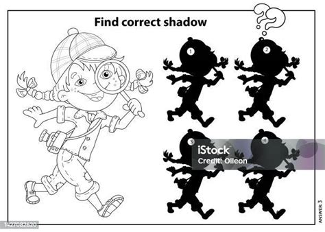 아이들을위한 퍼즐 게임 올바른 그림자를 찾으십시오 색칠 페이지 개요 루페가있는 만화 소녀 형사 어린이를위한 색칠 공부 책 셜록 홈스에 대한 스톡 벡터 아트 및 기타 이미지