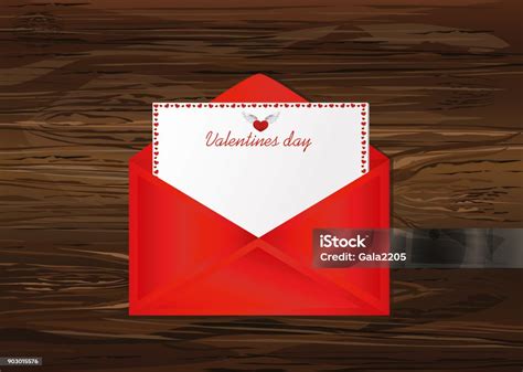 카드 봉투에 붉은 마음으로 발렌타인의 하루입니다 인사말 카드 당신의 광고 또는 텍스트에 대 한 빈 공간 벡터 일러스트입니다 나무 배경 갈색에 대한 스톡 벡터 아트 및 기타