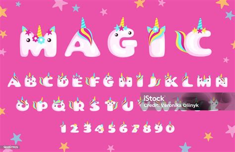 유니콘 글꼴 귀여운 유니콘 뿔과 무지개 머리를 가진 만화 스타일의 알파벳 반짝이는 별 벡터 기호가 설정된 마법의 문자와 숫자 알파벳에 대한 스톡 벡터 아트 및 기타 이미지