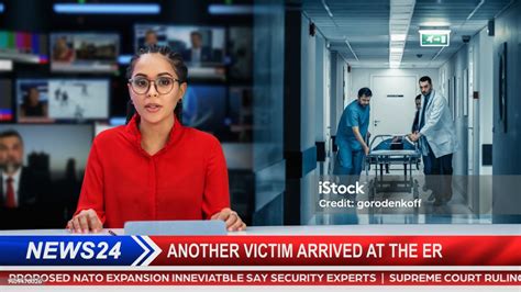 Tv 뉴스 편집 개념 앵커 우먼은 응급실 사진과 세그먼트에 대해 이야기합니다 의사 간호사 및 구급 대원은 Gurney Stretcher 및 부상당한 환자를 수술실로