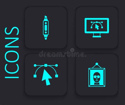 Set Picture Marker Pen Computer With Design Program And Bezier Curve Icon Black Square Button