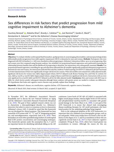 Pdf Sex Differences In Risk Factors That Predict Progression From