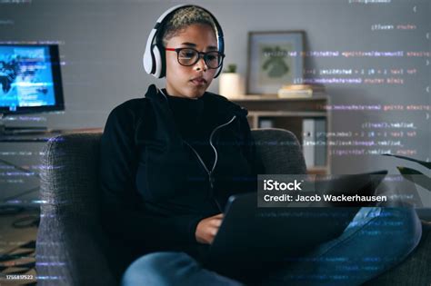 Woman Code Overlay And Laptop Typing With Cybersecurity Hacker And Software Data Analysis