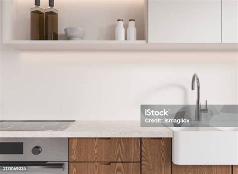 나무 캐비닛과 세련된 가전제품이 있는 현대적인 주방 인테리어 3d 렌더링 0명에 대한 스톡 사진 및 기타 이미지 0명 3차원 형태 가구 Istock