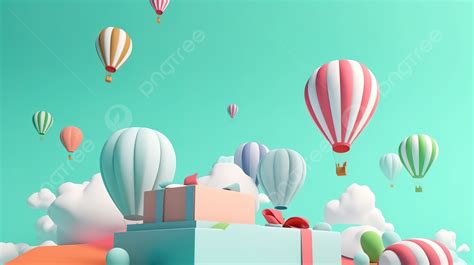 일부 집과 상자 사이를 맴도는 3d 열기구 세트 푸른 하늘 구름에 떠 있는 3d 그림 종이 미술 풍선과 푸른 하늘 배경에 있는 선물 상자 메리 크리스마스와 새해 복 많이