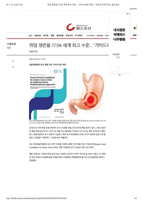 [헬스조선] 위암 생존율 77 5 세계 최고 수준 가이드라인 덕분