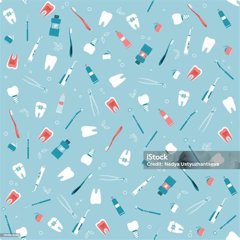 치아의 청소 관리 및 치료를위한 치과 도구의 원활한 패턴 치과 구강 건강 치열 교정 배경 섬유 인쇄 포장지에 대한 벡터 일러스트레이션 0명에 대한 스톡 벡터 아트 및 기타