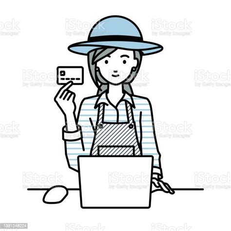 그녀의 책상에서 노트북 컴퓨터를 사용하고 신용 카드를 들고 농부 여성 금융에 대한 스톡 벡터 아트 및 기타 이미지 금융 긍정적인 감정 표현 노트북 Istock