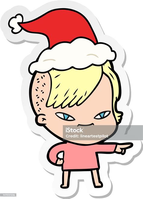 산타 모자를 쓰고 힙스터 이발을 한 소녀의 귀여운 손으로 그린 스티커 만화 귀여운에 대한 스톡 벡터 아트 및 기타 이미지 귀여운 낙서 드로잉 데칼 Istock