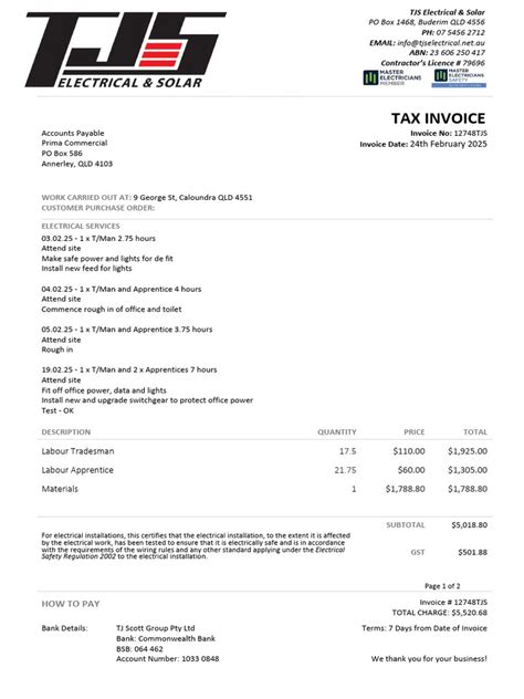 Electrical And Solar Invoice 12748tjs Pdf Invoice Business