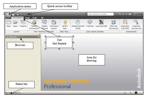 autodesk inventor drawing screen on the tab get started on the toolbar