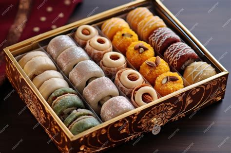 Premium Ai Image Assorted Indian Sweets Or Mithai Packed In A