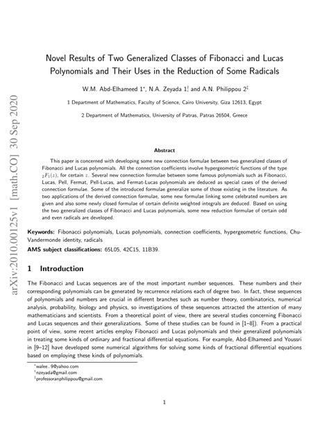 Pdf Novel Results Of Two Generalized Classes Of Fibonacci And Lucas Polynomials And Their Uses