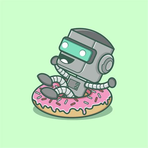 Милый мультяшный робот с пончиком Премиум векторы